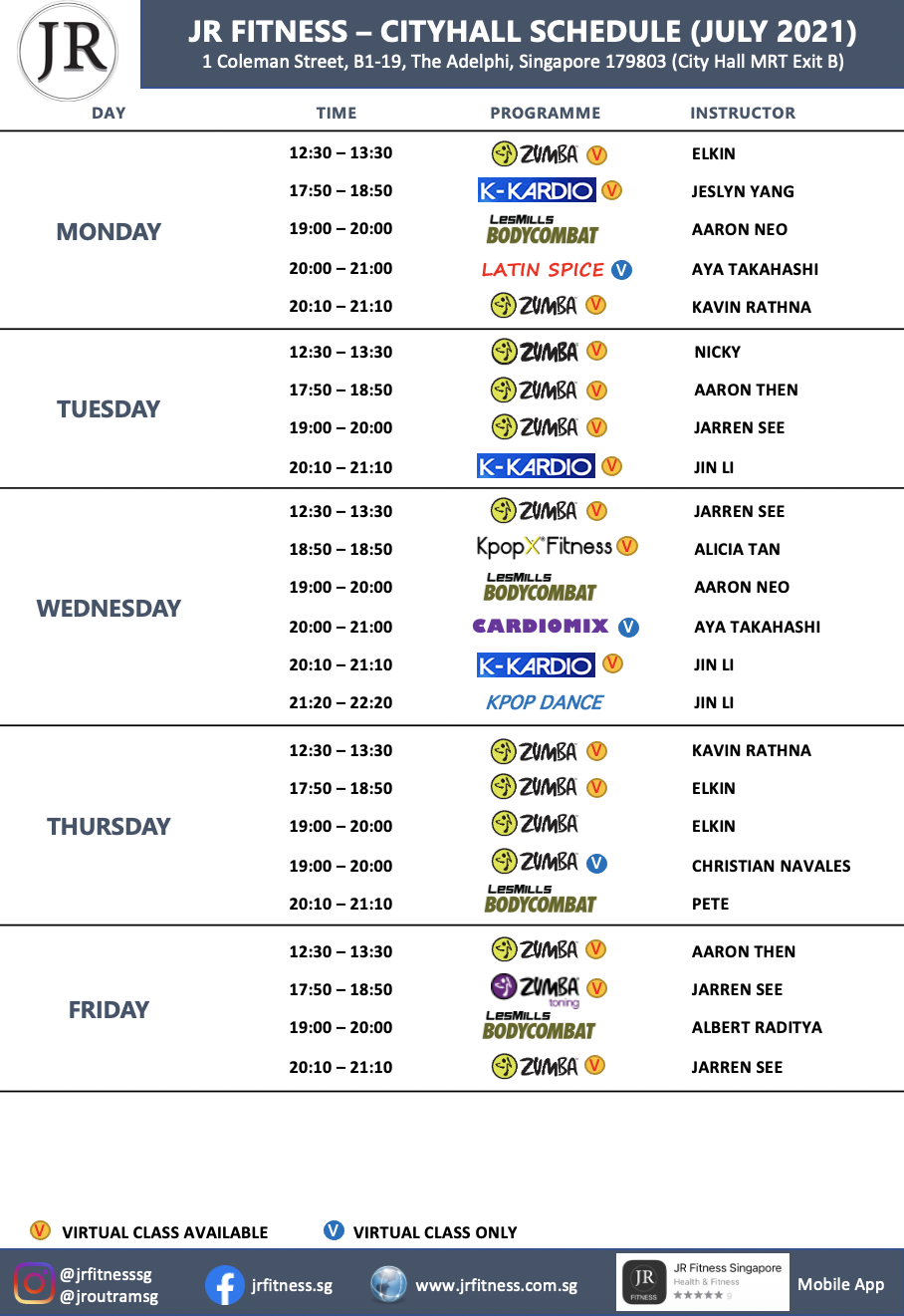 Class Schedule - JR Fitness | Singapore